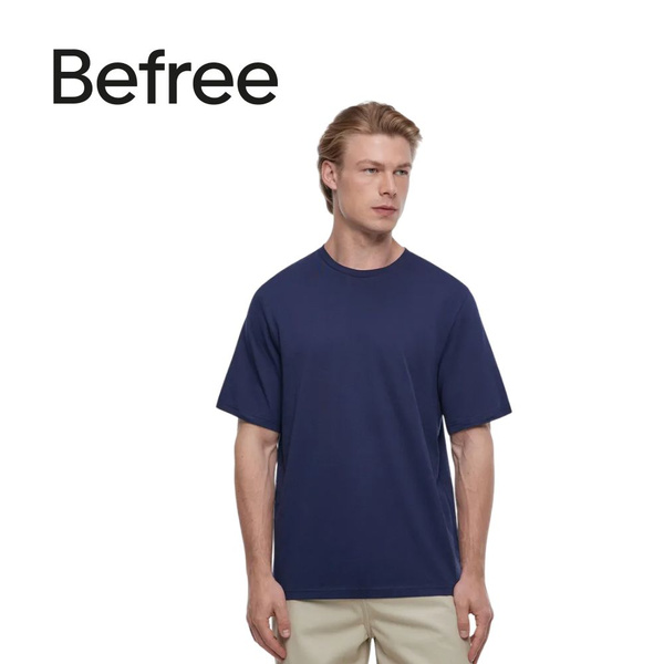 Футболка Мужской Befree темно-синий Короткий, размер 44 Хлопок Однотонный оверсайз Повседневный ...