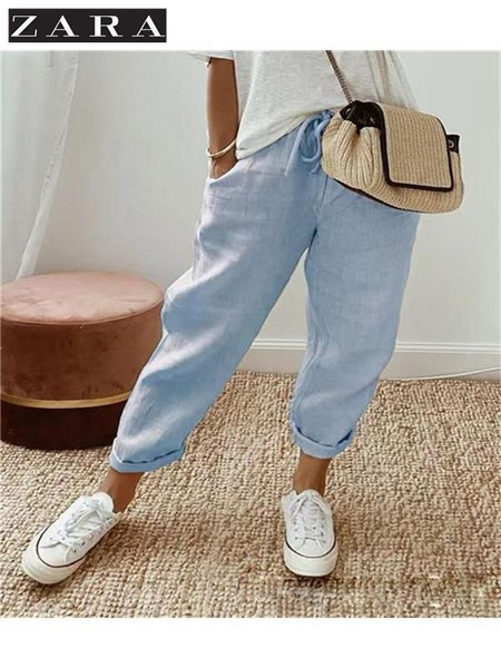 Брюки Женский Zara классические, широкие голубой Хлопок Повседневный, размер 48 Эластичная ...