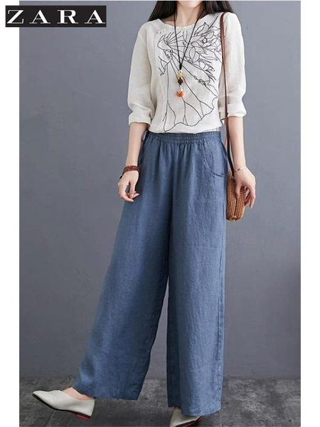 Брюки Женский Zara классические, широкие синий Хлопок Повседневный, размер 46 Эластичная ...