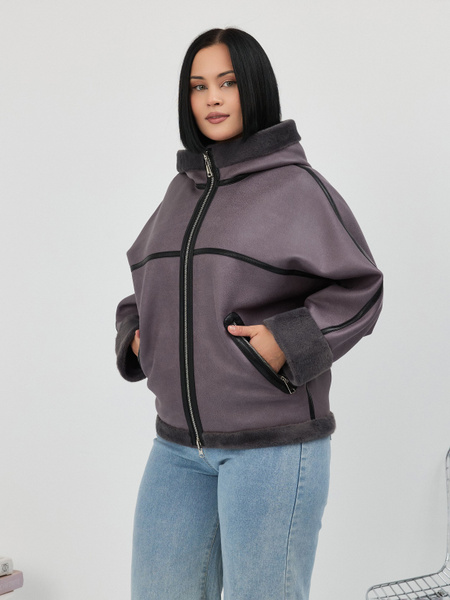 Дубленка искусственная Женский Oli love Молния, Капюшон темно-пурпурный капюшон Замша ...