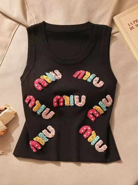 Майка бельевая Женский Miu Miu черный Полиэстер Повседневный Стразы размер 46 Китай Логотип