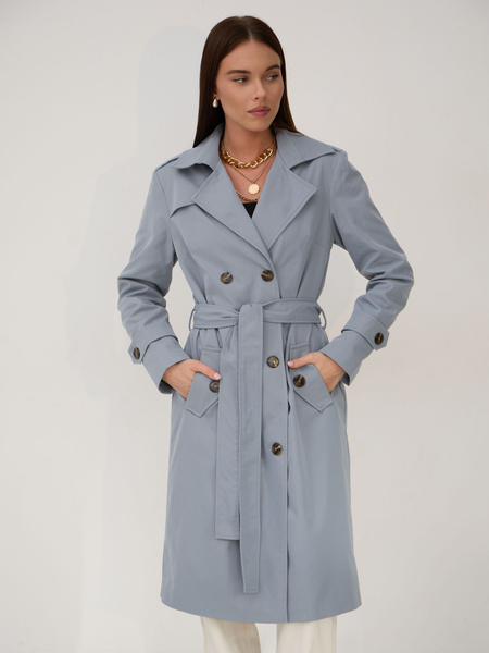 Плащ Женский SLN небесно-голубой Средний Пояс/ремень, Воротник, размер 44, 46 Хлопок, Вискоза ...