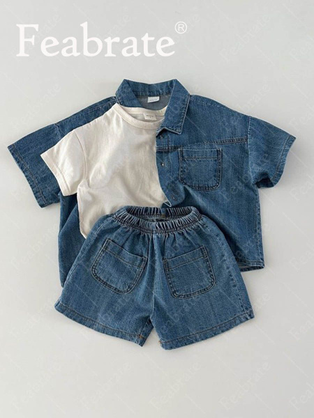 Комплект одежды Мальчики Feabrate Повседневный с шортами деним, размер 100 Хлопок Однотонный ...