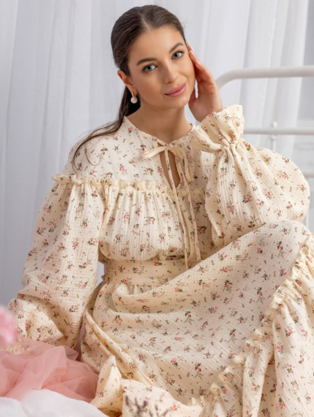 Платье Женский Cher-Neva молочный прямое Повседневный Длинный Муслин, размер 42 Завязки оверсайз ...