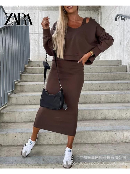 Комплект одежды Женский Zara Повседневный двойка кофейный, размер 46 Хлопок Однотонный, рост 155 ...