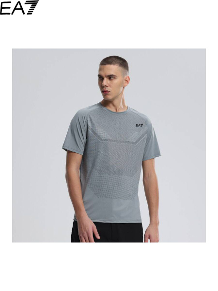 Футболка Мужской EA7 серый Короткий, размер 48, 50 Полиэстер FR Полоска свободный Спортивный ...