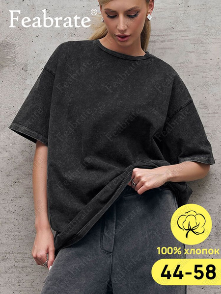 Футболка Женский Feabrate черный Короткий, размер 48 Хлопок Однотонный оверсайз Повседневный ...