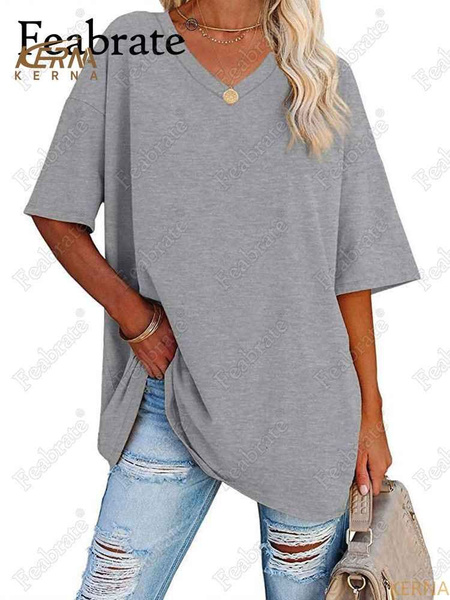 Футболка Женский KERNA светло-серый Средний, размер 52, 54 Хлопок Однотонный оверсайз ...