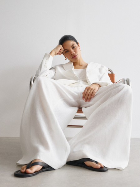 Брюки Женский SELA ванильный Лён Вечерний/праздничный, размер 44 свободный Лето Складки Китай ...