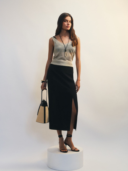 Юбка Женский Zarina черный Вискоза, Лён прямая, размер 52 Молния Миди Однотонный Демисезон ...