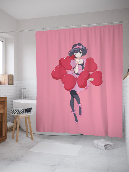 Штора для ванной 200x180 см JoyArty девочка, аниме, арт, цветы, маска, кот, осколки , девушка ...