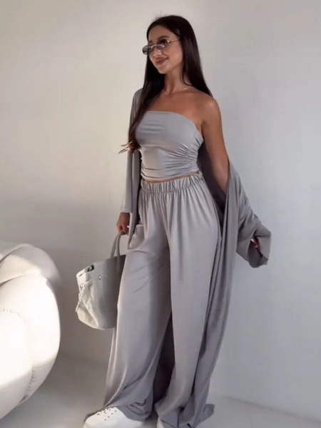 Комплект одежды Женский Pull&Bear Повседневный тройка серый, размер 40 Политекс Однотонный, рост ...