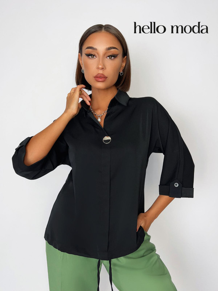 Блузка Женский HELLO MODA! черный Полиэстер Три четверти Однотонный, размер 54 Шнурок Россия ...