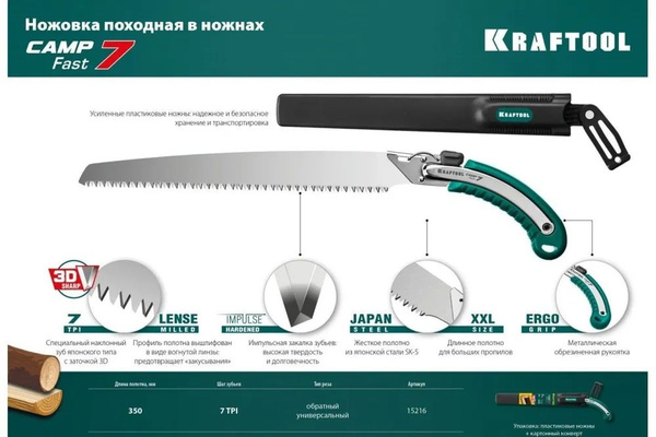 KRAFTOOL Camp Fast 7, 350мм ножовка по дереву для быстрого реза сырой ...