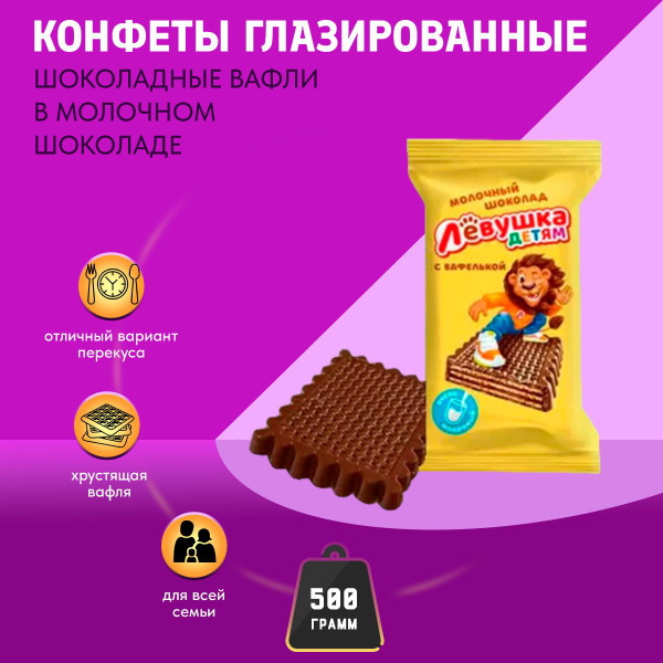 Конфеты Левушка детям 500 грамм / Шоколад с вафелькой /Фабрика имени ...