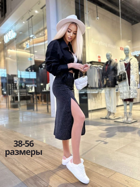 Юбка Женский BLACK KOSMOS черный Вискоза, Полиэстер прямая, размер 42 Молния, Пояс Миди Разрезы ...