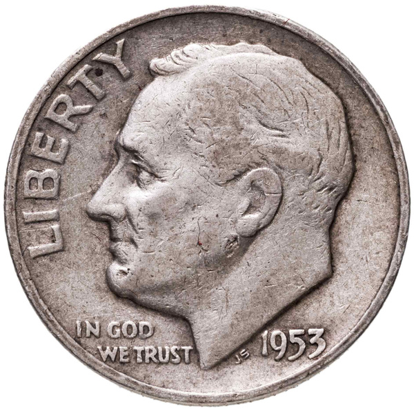 Монета США 10 центов дайм, one dime 1953 D Silver Roosevelt Dime Рузвельт знак монетного двора D ...