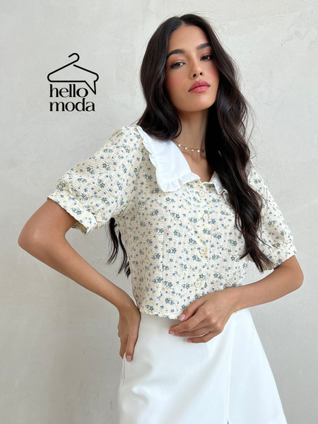 Блузка Женский HELLO MODA! светло-бежевый, голубой Хлопок, Полиэстер Воротник Укороченный ...