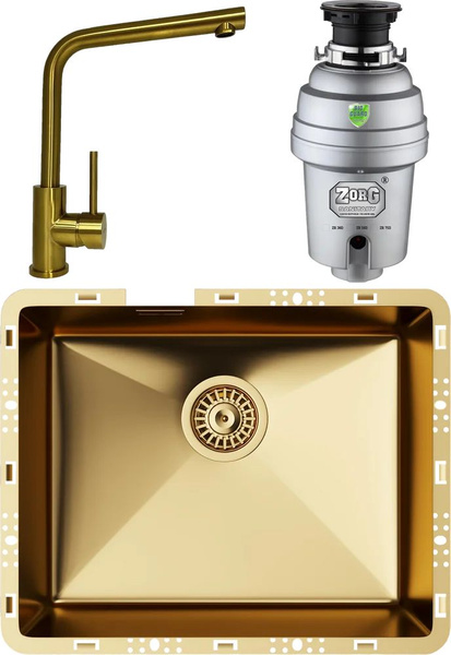 Комплект Мойка кухонная TopZero TZ RS 500 золото / Смеситель TPZ 201 золото / Измельчитель Zorg ...