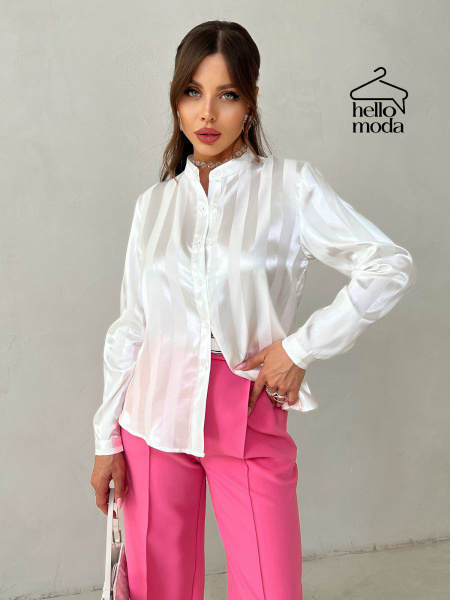 Блузка Женский HELLO MODA! белый Полиэстер Длинный Полоска, размер 50, 48 Пуговицы Россия купить ...
