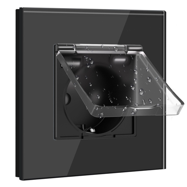 Розетка с Usb и Type C входами C крышкой влагозащищённая 2 поста 16А 250В рамка стекло Черная