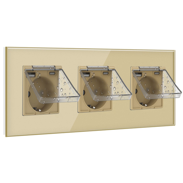 Розетка с Usb и Type C входами C крышкой влагозащищённая 3 поста 16А 250В рамка стекло Золотой