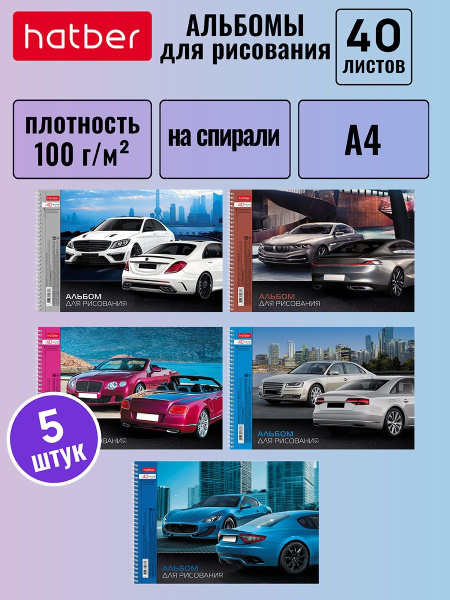 Набор альбомов для рисования Hatber 40л А4 перфорация на отрыв на спирали 5 дизайнов/5шт.в блоке ...