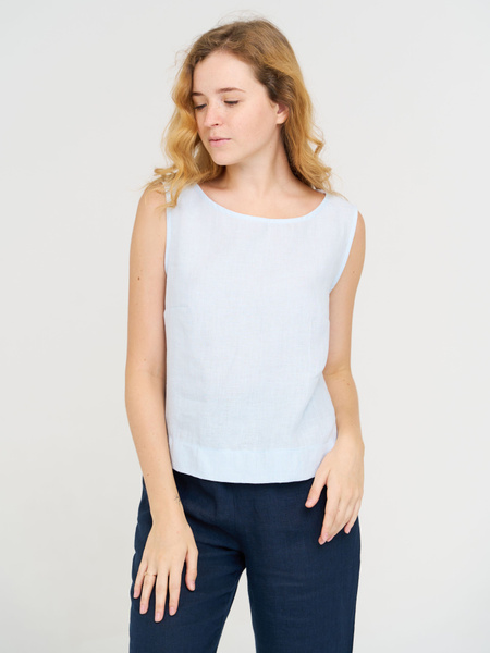 Топ Женский TRANGO светло-голубой, размер 48 Лен Без рукавов Повседневный Россия свободный Без ...