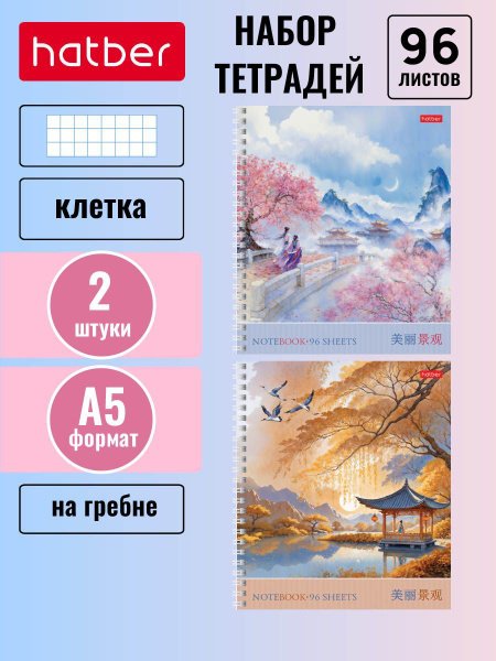 Тетрадь Hatber 2 штуки/2 дизайна, 96 листов, формата А5, в клетку на гребне, ламинация Soft ...