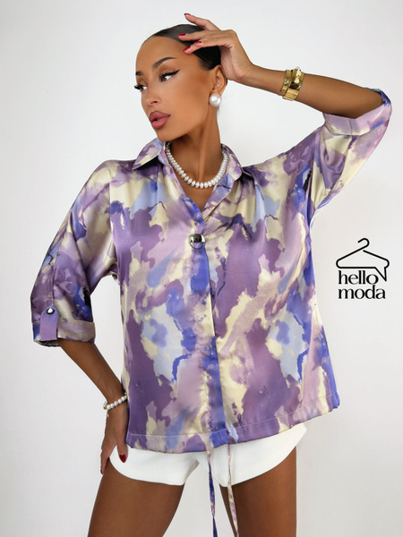 Блузка Женский HELLO MODA! сиреневый, голубой Полиэстер Три четверти Абстракция, размер 62 ...