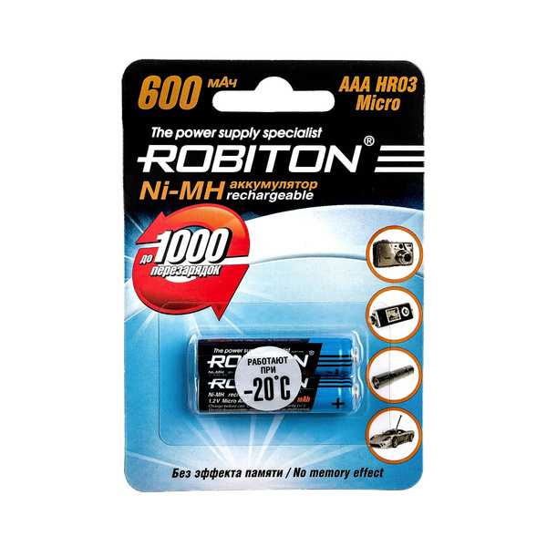 Аккумуляторные батарейки Robiton R03 / AAA 600mAh Ni-Mh BL-2, аккумуляторы, комплект 2шт купить ...