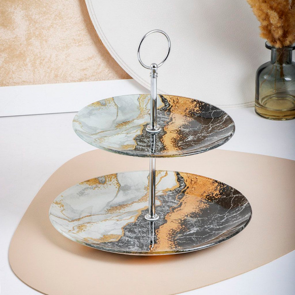 Daniks Фруктовница стеклянная двухъярусная, ваза для фруктов, 22.5 см, 18 см, 23 см, Флюид ...