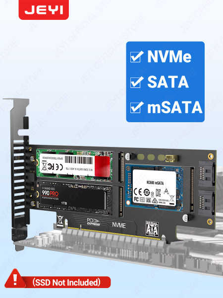 JEYI Адаптер карты NVMe NGFF и mSATA SSD PCIe 4.0/3.0, 3 в 1: M.2 NVME в PCIE/M.2 Serial ATA SSD ...