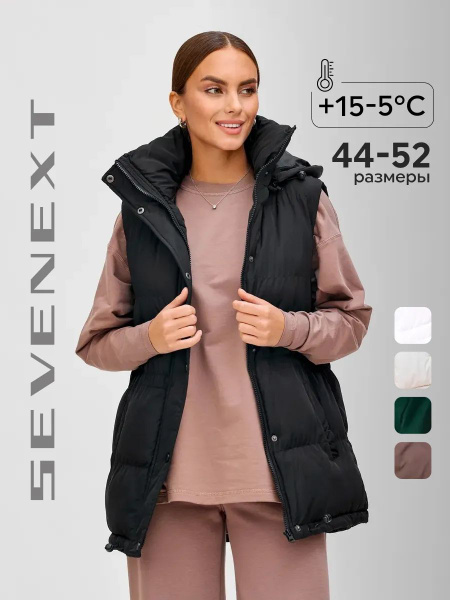 Жилет утепленный Женский Sevenext Заклепки, Молния черный, размер 52 Полиэстер Био-пух Молния ...