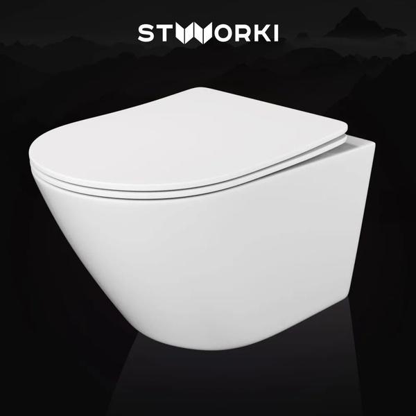 Характеристики Унитаз подвесной STWORKI Левангер S07401WH безободковый, без бачка, фарфоровый ...