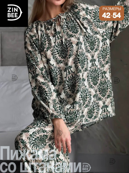 Пижама Женский ZinBee Хлопок, Лавсан, размер 48, 50 аквамариновый Три четверти Китай купить c ...