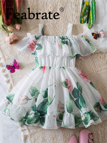 Платье Девочки Feabrate белый Повседневный Без рукавов Хлопок Манжеты, Наплечники, размер 100 ...