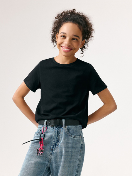 Футболка Девочки Acoola чернильный Короткий, размер 140 Трикотаж, Хлопок Однотонный прямой ...