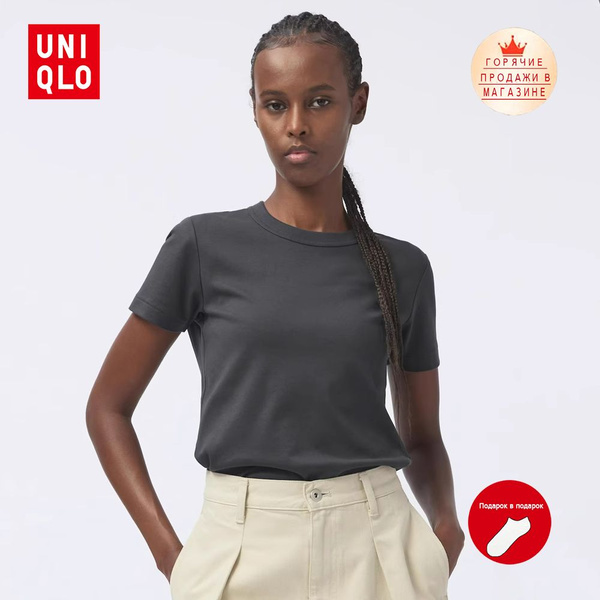 Футболка Женский Uniqlo серый Короткий, размер 54 Хлопок Однотонный Повседневный Китай, рост 155 ...