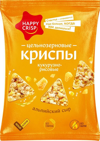 Чипсы цельнозерновые Happy Crisp кукурузно-рисовые со вкусом сыра, 50г ...