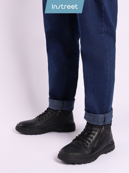 Ботинки Мужской Instreet черный, размер 41 Демисезон 7 Молния, Шнурки Толстый каблук Россия ...