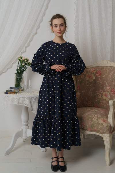 Платье Женский Cher-Neva синий, белый прямое Вечерний/праздничный Длинный Хлопок Рюши, размер 44 ...