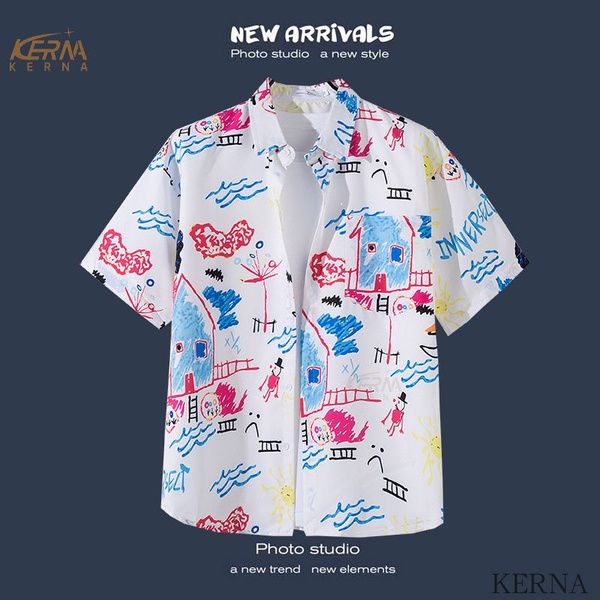 Рубашка Мужской KERNA бежевый меланж Короткий Полиэфирное волокно Цветочный, размер 46, 44 ...