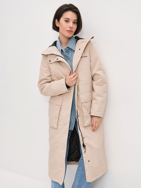 Пальто утепленное Женский Avese бежевый капюшон Мембранные материалы, размер 46 Длинный ...