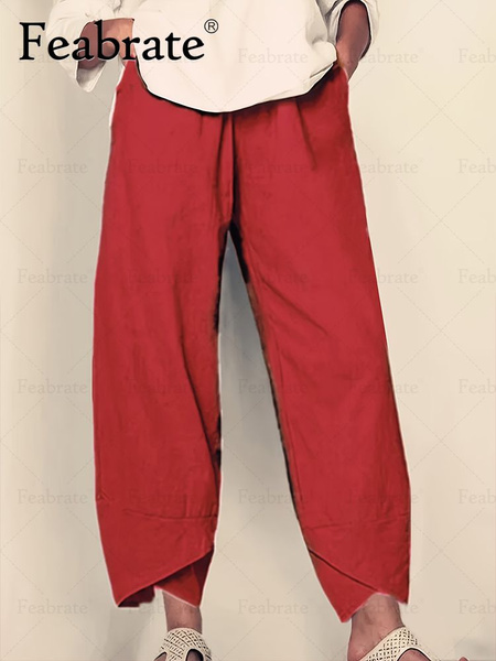 Бриджи Женский Feabrate красный Хлопок, Лён Повседневный, размер 56 Эластичная Лето Китай ...