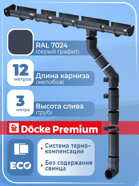 Водосток Docke Premium RAL 7024 (длина 12 м / высота 3 м/1 слив) водосточная система для крыши ...