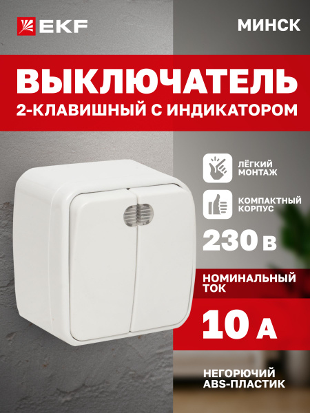 Выключатель двухклавишный накладной ОП Минск 10А с индикатором белый EKF Basic купить на OZON по ...