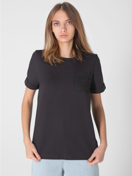 Футболка Женский Valini черный Короткий, размер 48 Хлопок, Эластан Однотонный свободный ...