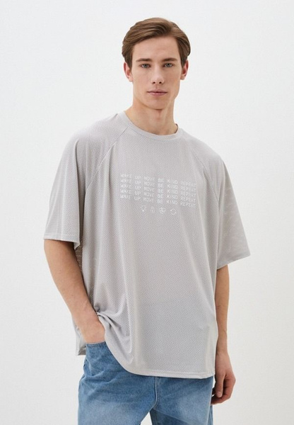 Футболка Мужской Befree серый Короткий, размер 44 Сетчатая ткань Анималистический оверсайз ...
