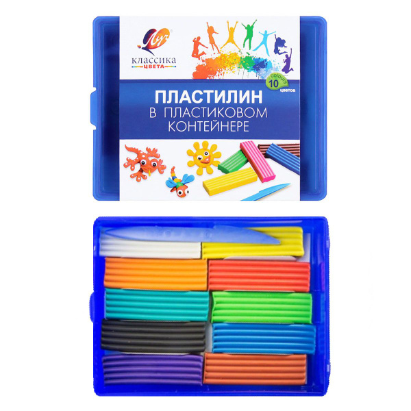 Пластилин 10 цветов, 200 гр, стек, пластиковая коробка в картонном ...